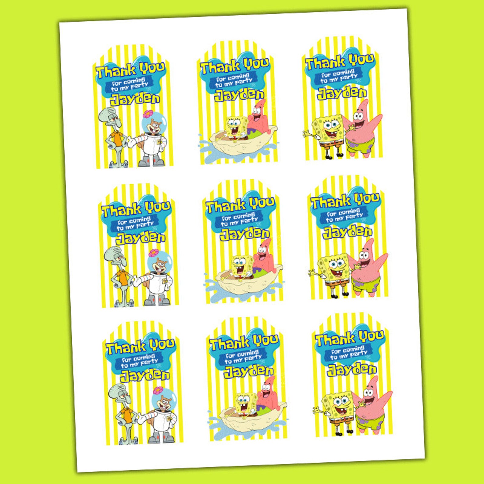 Spongebob Thank You Tags Spongebob Tags Spongebob Favor Tag | Etsy