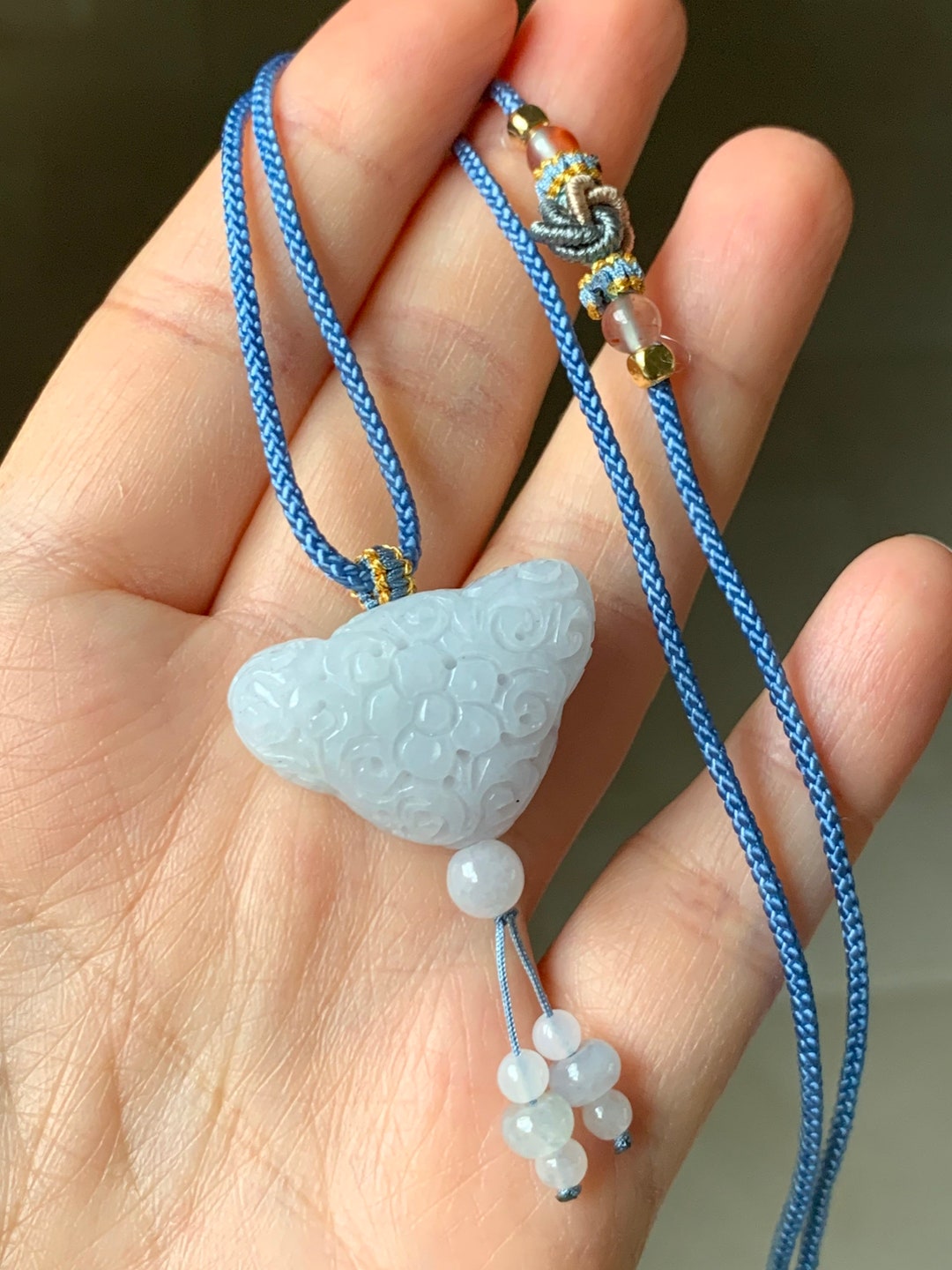 Large Natural Burmese Icy Translucent Jadeite Engraved Ruyi Pendant ...