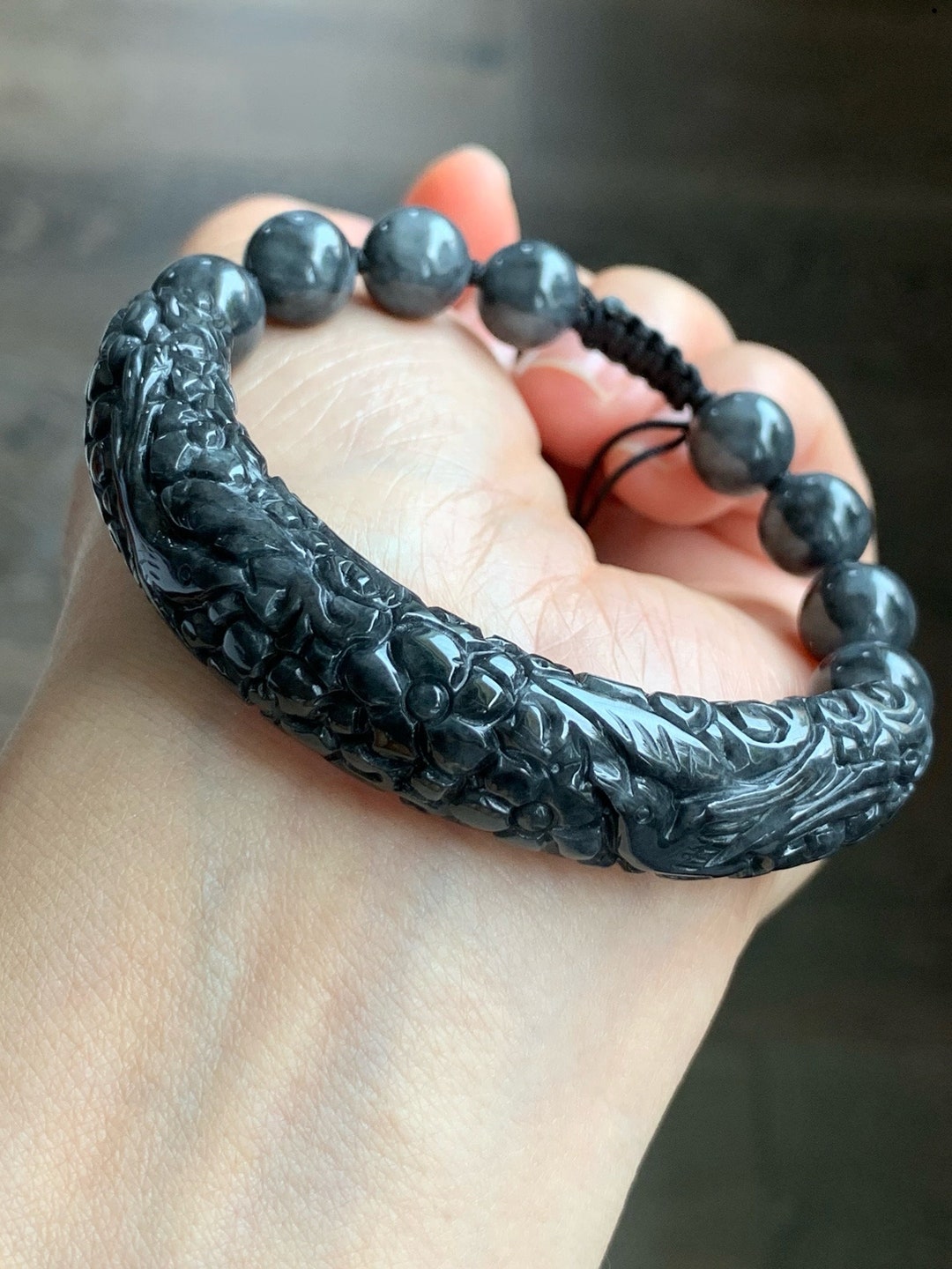 Natural Burmese Dark Wuji Jadeite Engraved Birds & Flower Cuff Wuji ...