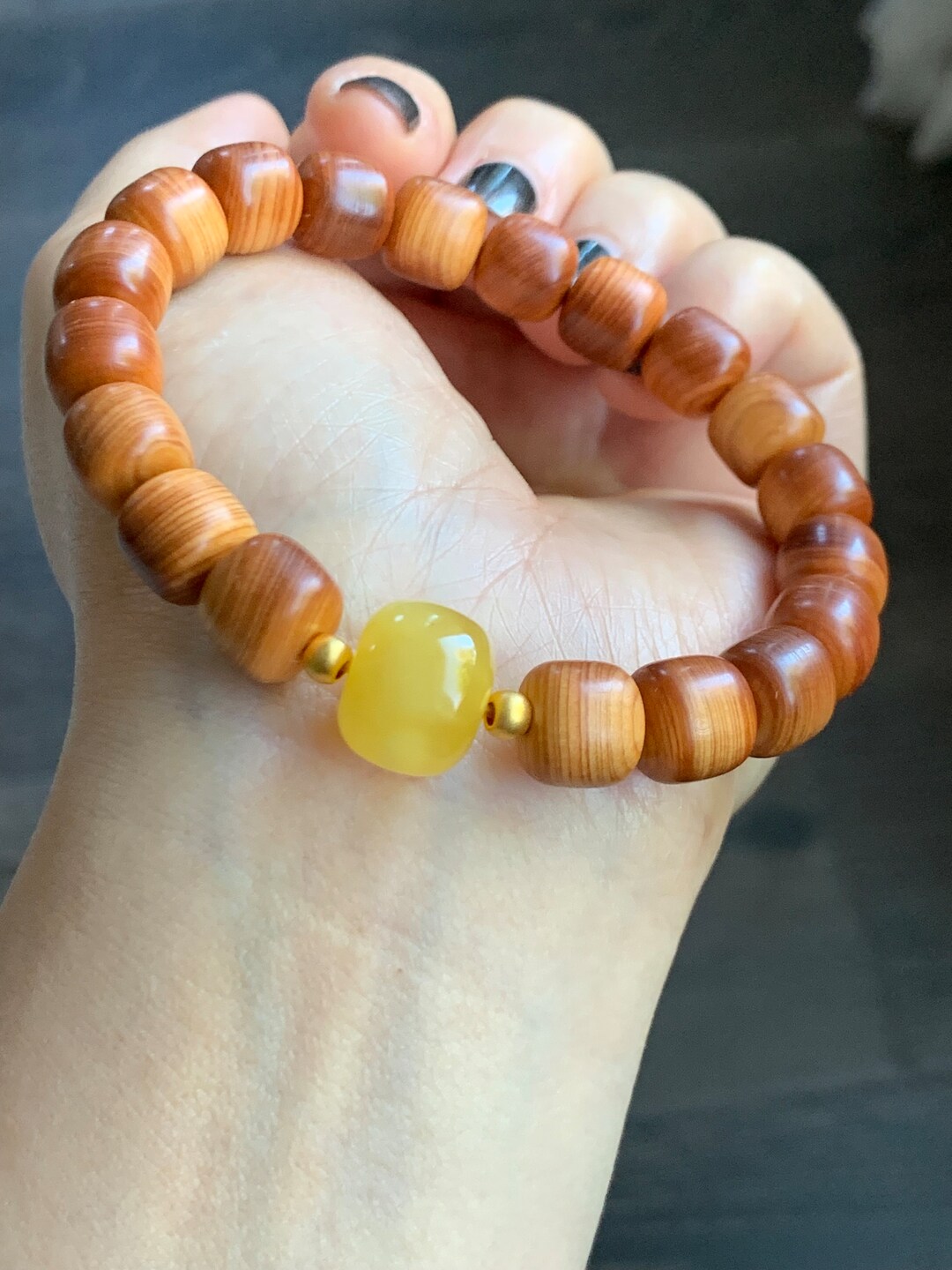 Natural Yabai Thuja Tall Drum Beads & Aged Rich Yellow beewax Tree ...