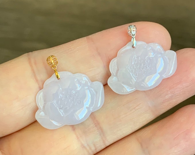 Natural Burmese Icy Translucent Jadeite Carved Lotus Flower Pendant 18K ...