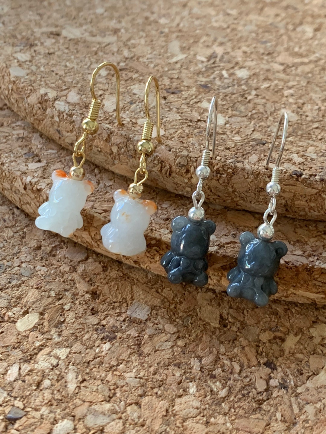 Natural Burmese Icy Jadeite Carved Teddy Bear Dangle Earrings 14K YG or ...