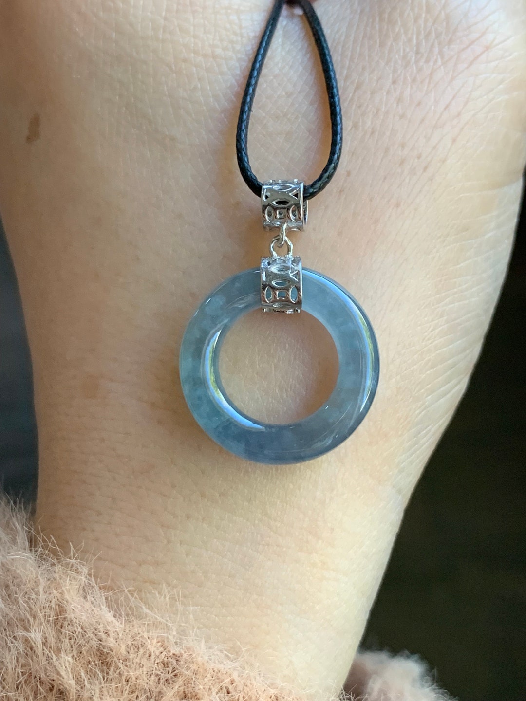 Natural Guatemalan Icy Highly Translucent Light Dusty Blue Jadeite Ping an Kou Ring Pendant ...