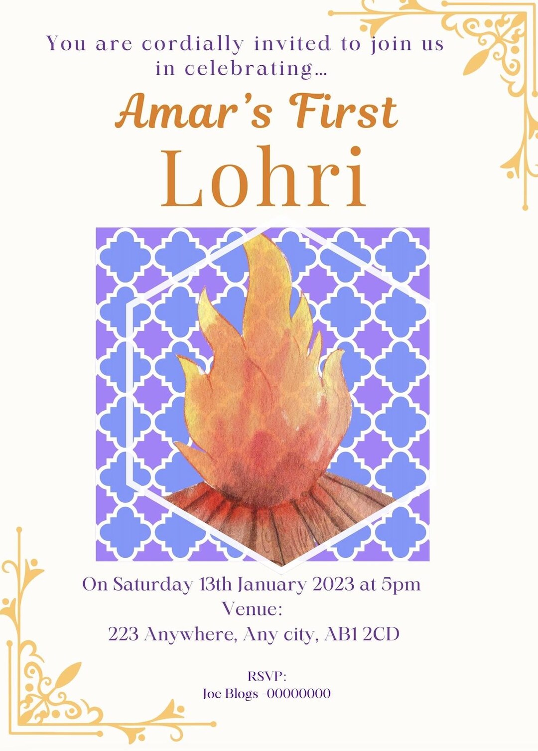 Purple and Blue Lohri Invitation. Editable. Instant Download - Etsy