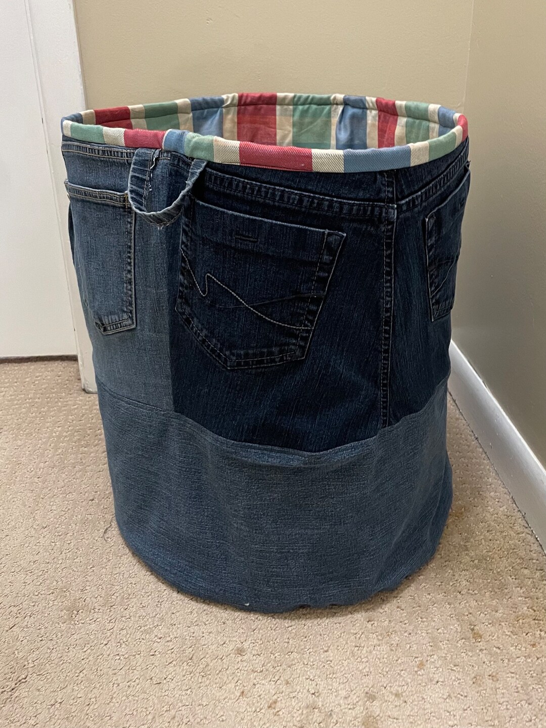 Denim Storage Bin With 6 Pockets - Handles - Upcycled Fabrics ...