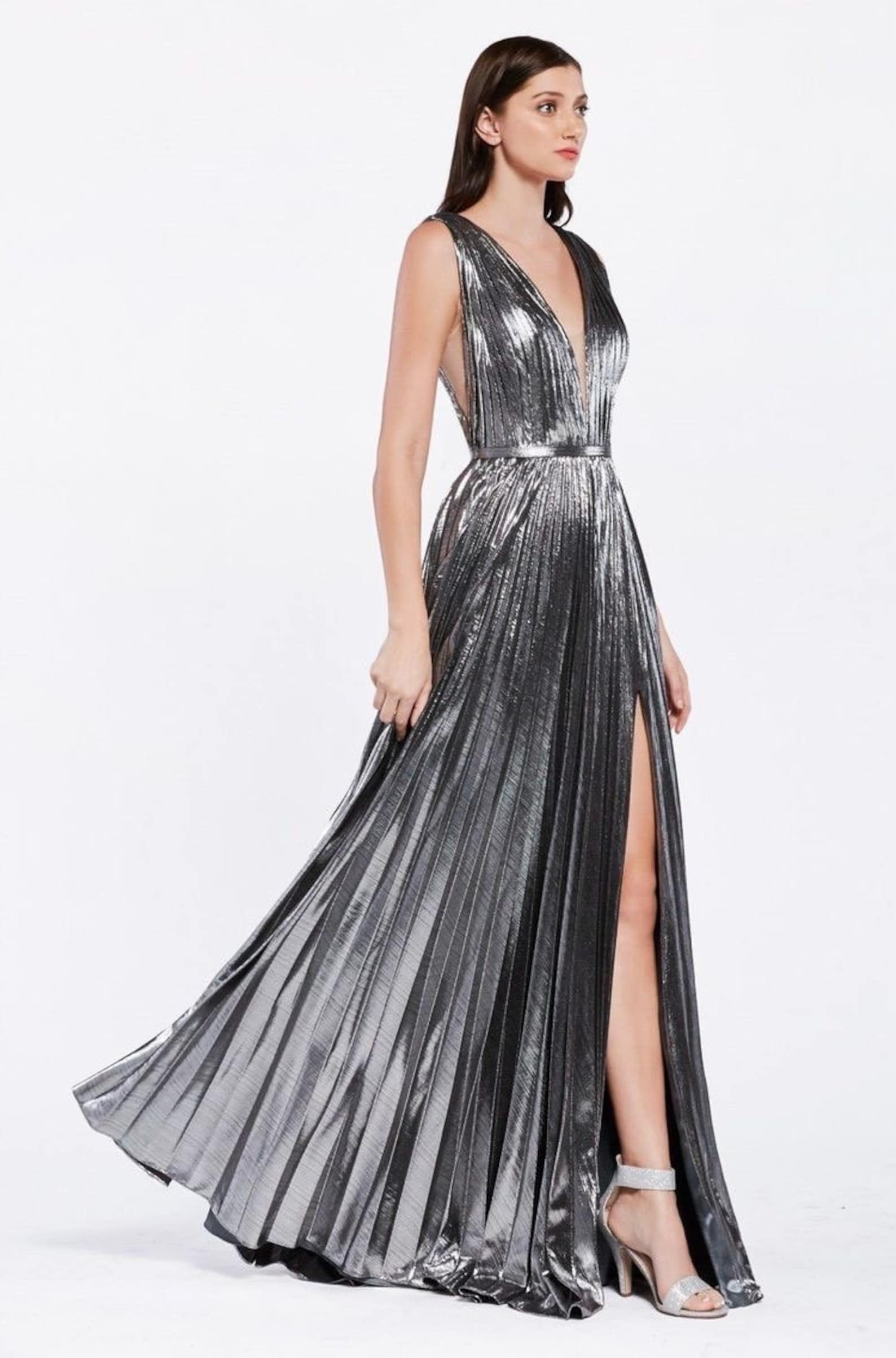 Foil Print Pleated Knit Evening Gown | Long Metallic Foil V- Neck Dress ...