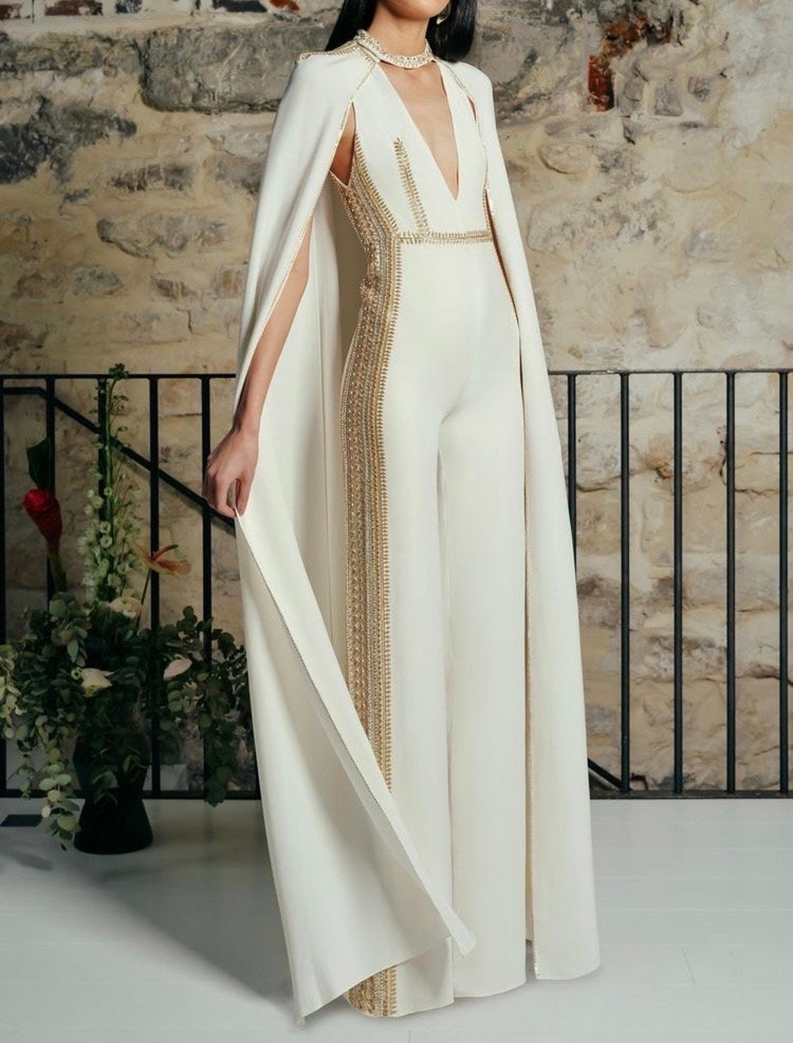 Plunge Neck Jumpsuit and Detachable Cape, Cocktail Party Deep Neck ...