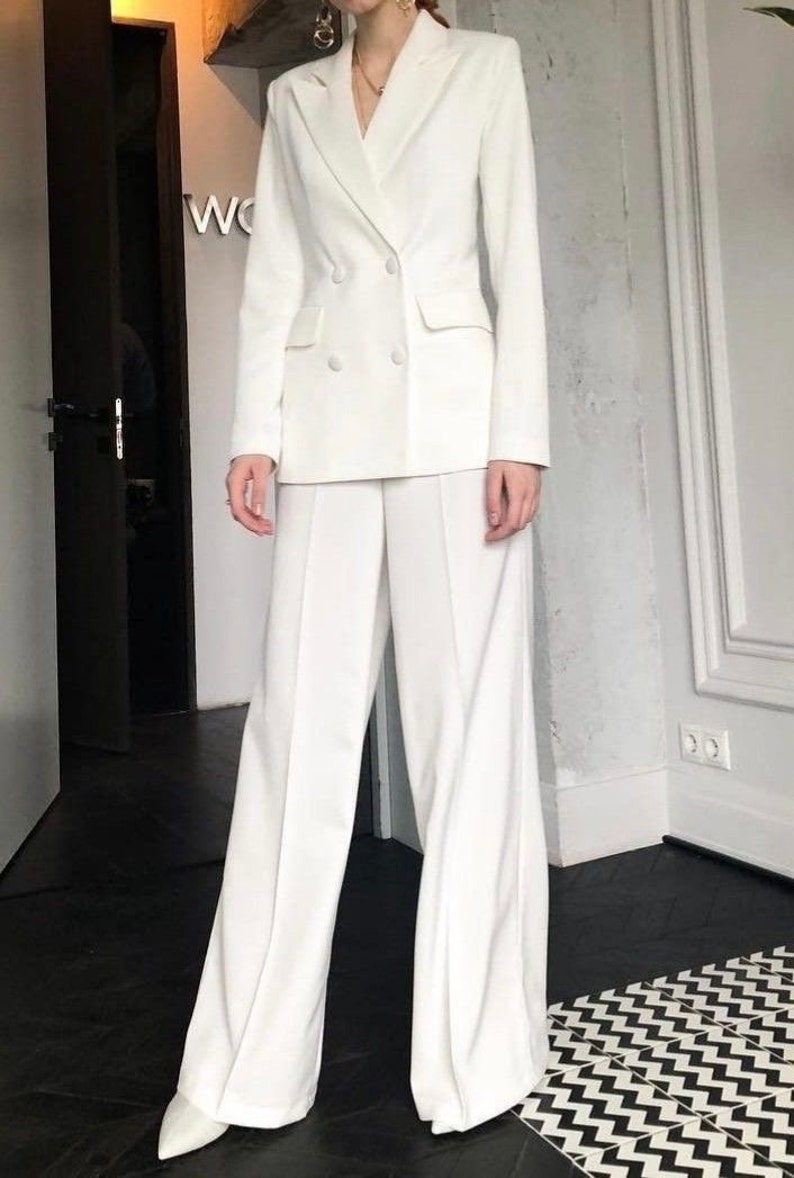 Buy White Double Breasted Pantsuit For Women Blazer And Wide Leg Online In India Etsy