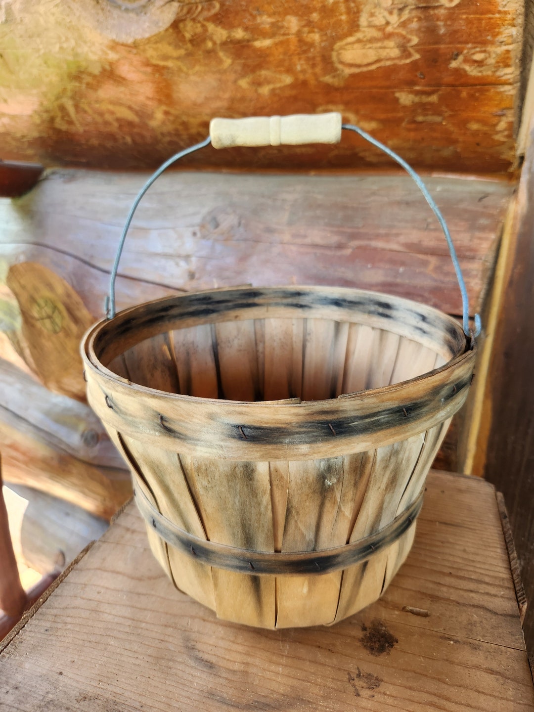 Basket Slat Wood Fruit Wire Handle Wood Grip, 6 3/4 Inches High 9" in ...