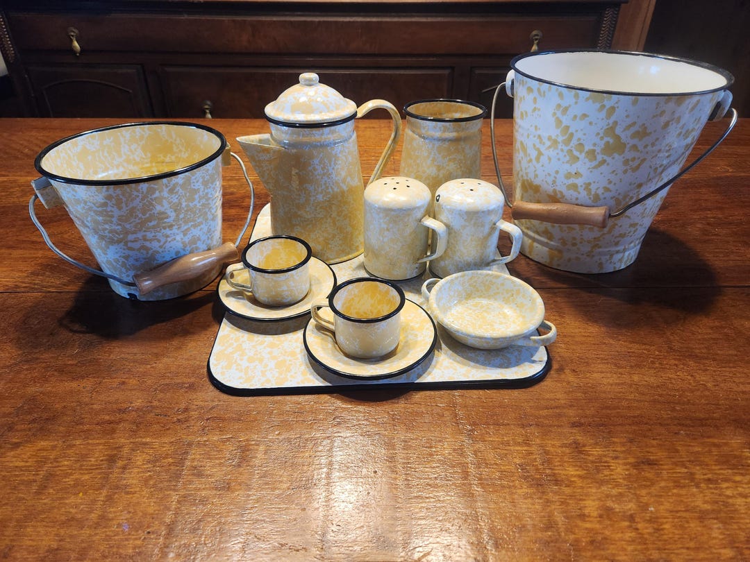 CGS International Enamelware Yellow and White Splatterware Set Vintage ...