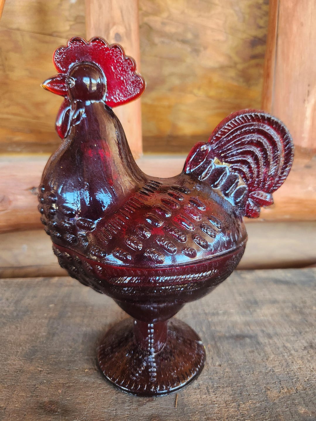 Amberina Ruby Red Rooster Chicken Glass Covered Candy Nut Dish Vintage ...