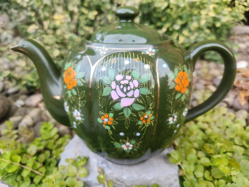 Teapot Made in Japan Dark Green and Gold Painted Floral Vintage - Etsy
