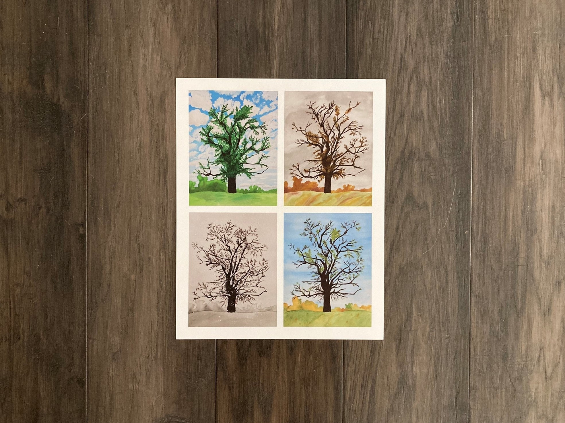 Watercolor Tree Painting, Mixed Media, Four Seasons Painting, Nature ...