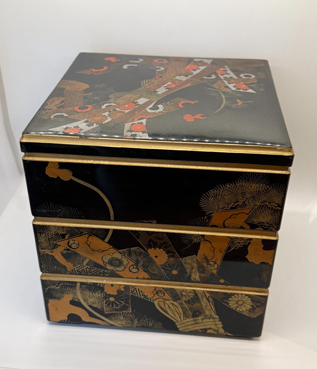 Vintage Square Japanese Bento Lacquerware Style Box, 3 Tiered Floral ...