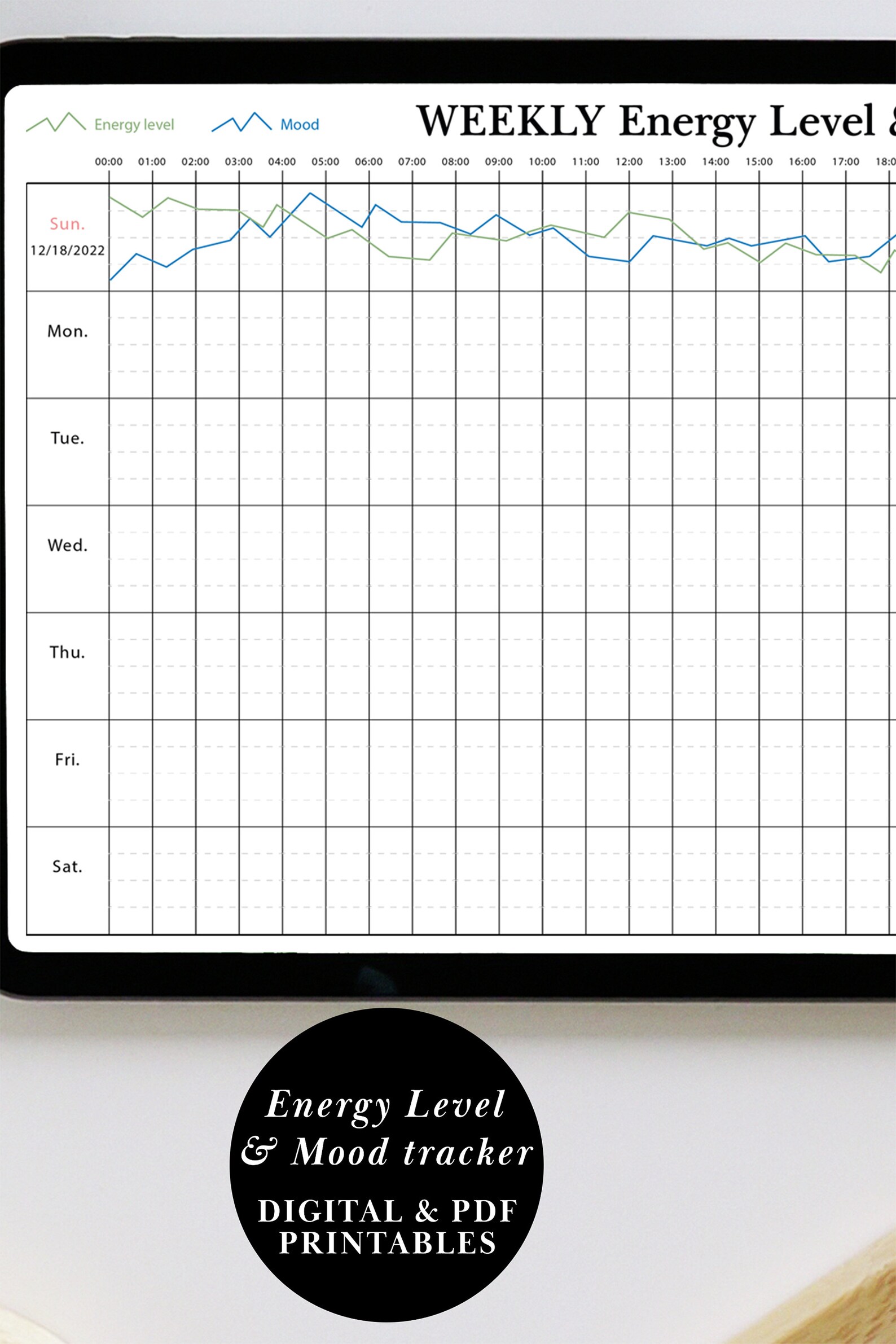 Energy Level and Mood Tracker Weekly Daily Hourly Physical State Mental ...