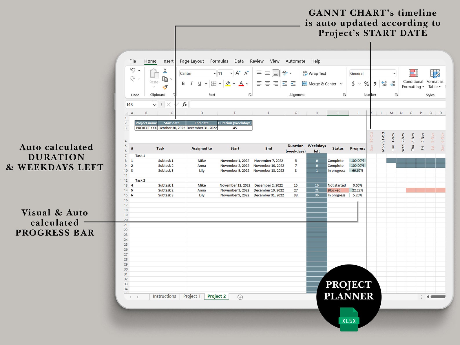Project Planner | Project Management Progress Tracker Excel Spreadsheet ...