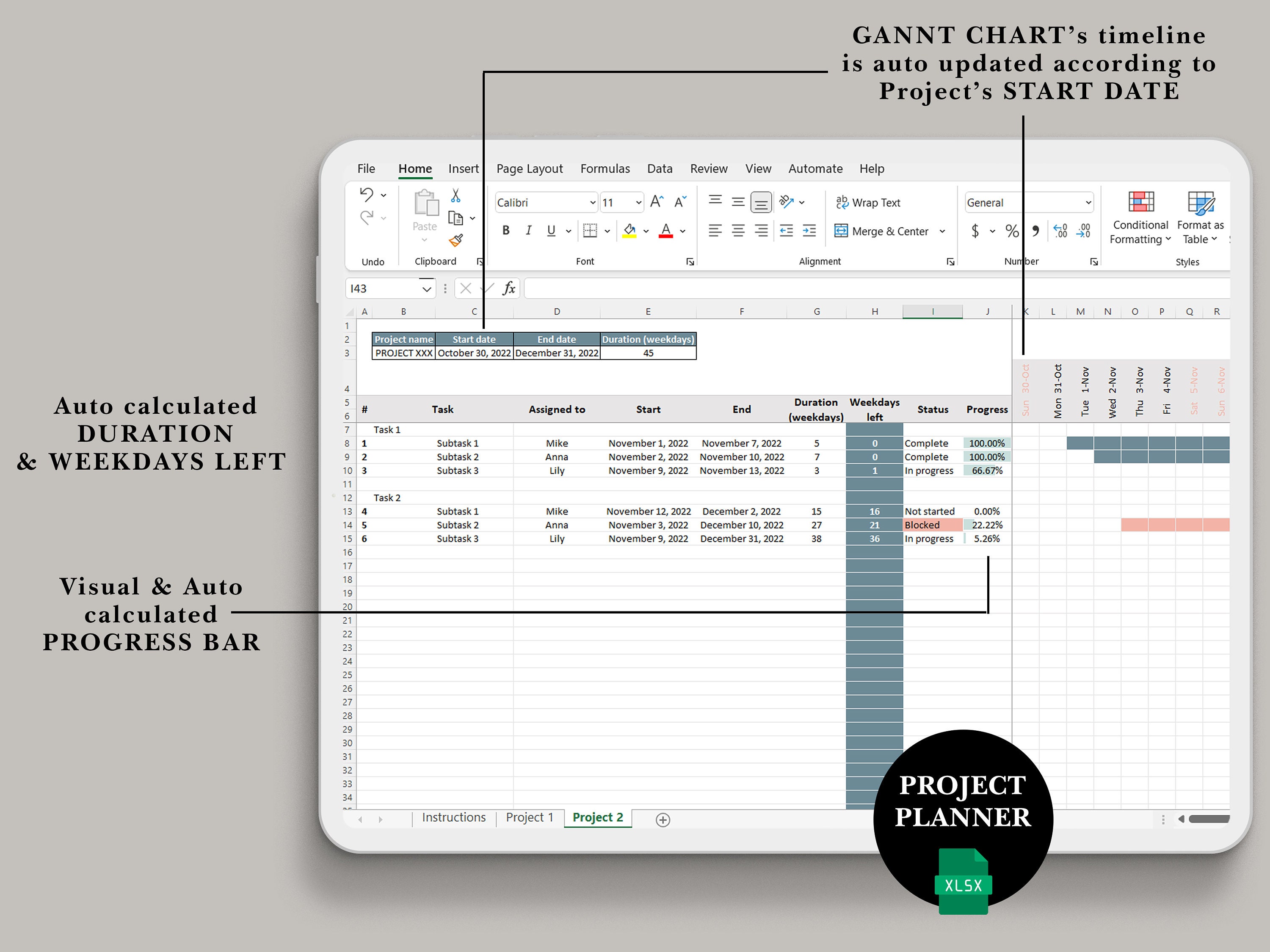 Project Planner | Project Management Progress Tracker Excel Spreadsheet ...