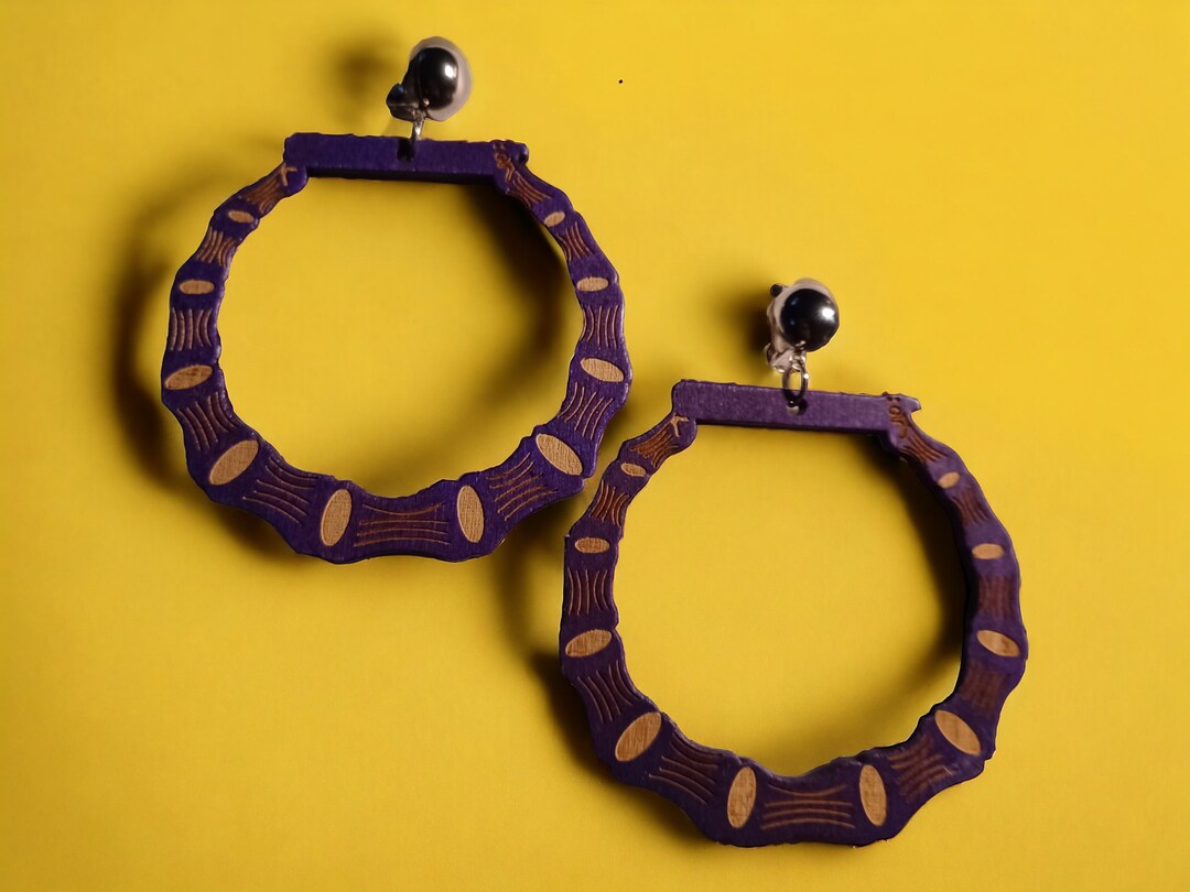 Extra Large Wooden Bamboo Hoop Clip on Earrings 4 Inch Purple - Etsy
