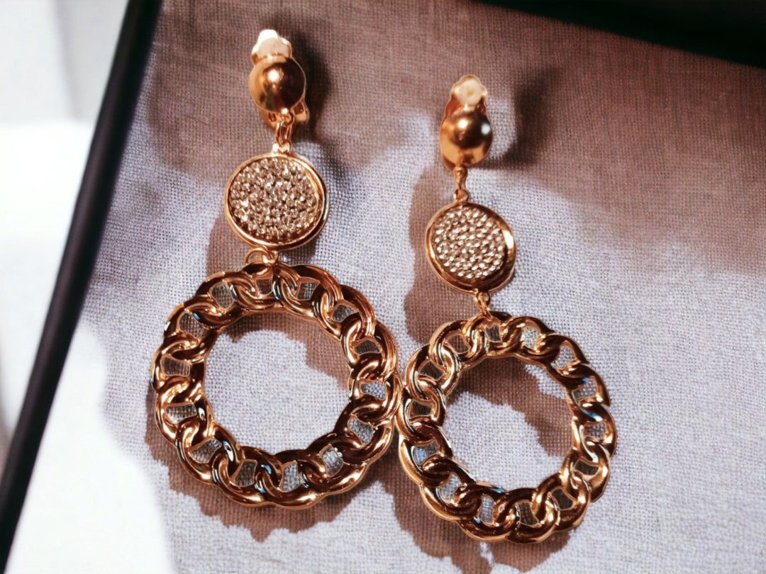 Gold Metal and Rhinestone Hoop Clip on Earrings - Etsy
