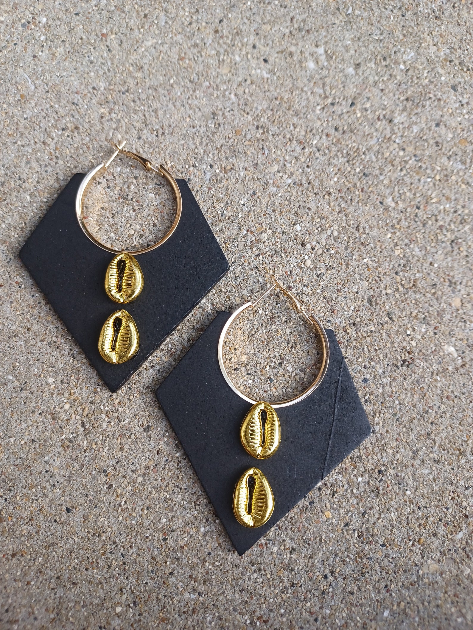 Large Wood and Metal and Cowrie Hoop Earrings Black - Etsy