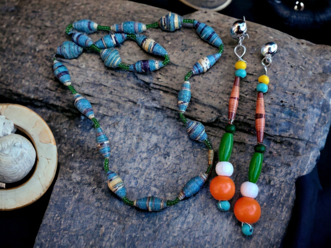 Vintage Handmade Ugandan Paper Bead Necklace and Custom Clip on ...