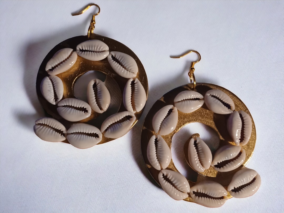 Handmade Large Abstract Wood and Cowrie Shell Earrings Pierced Ears - Etsy