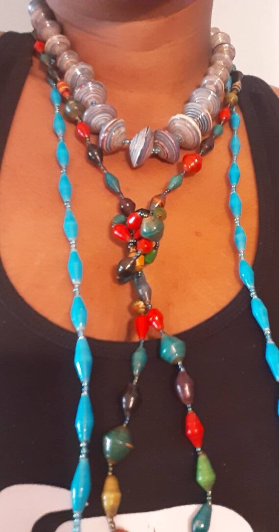 Vintage Ugandan Chunky Paper Bead Handmade Necklace S… - Gem