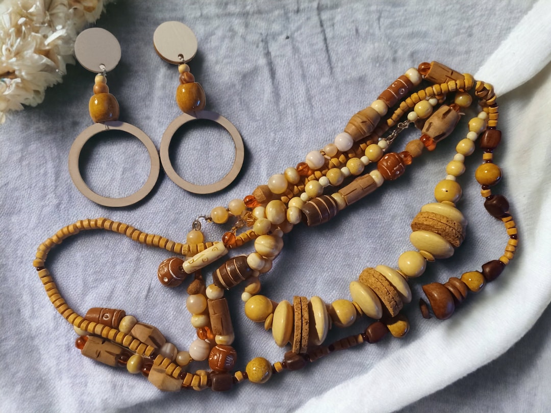 Chunky Vintage Wooden Boho Necklace Set With Clip on Earrings - Etsy