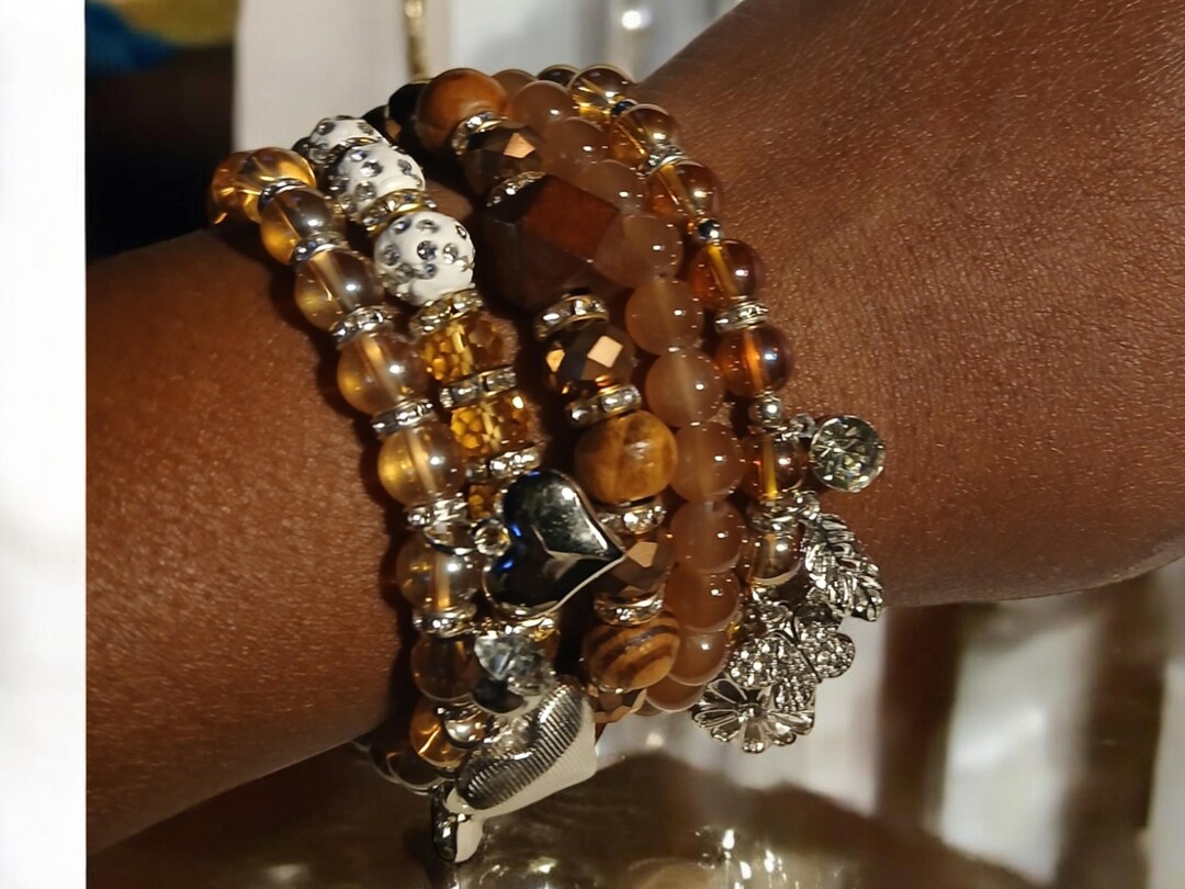 Blingy Wood and Crystal Bead Layering Bracelet Set Handmade - Etsy