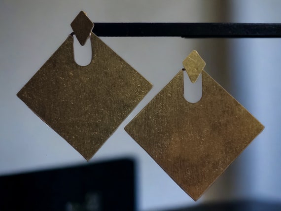 Extra Large Industrial Rustic Brass Abstract Earrings - Gem