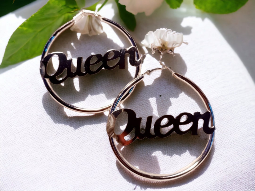 Silver Metal Queen Nameplate Hoop Earrings 3 Inch - Etsy