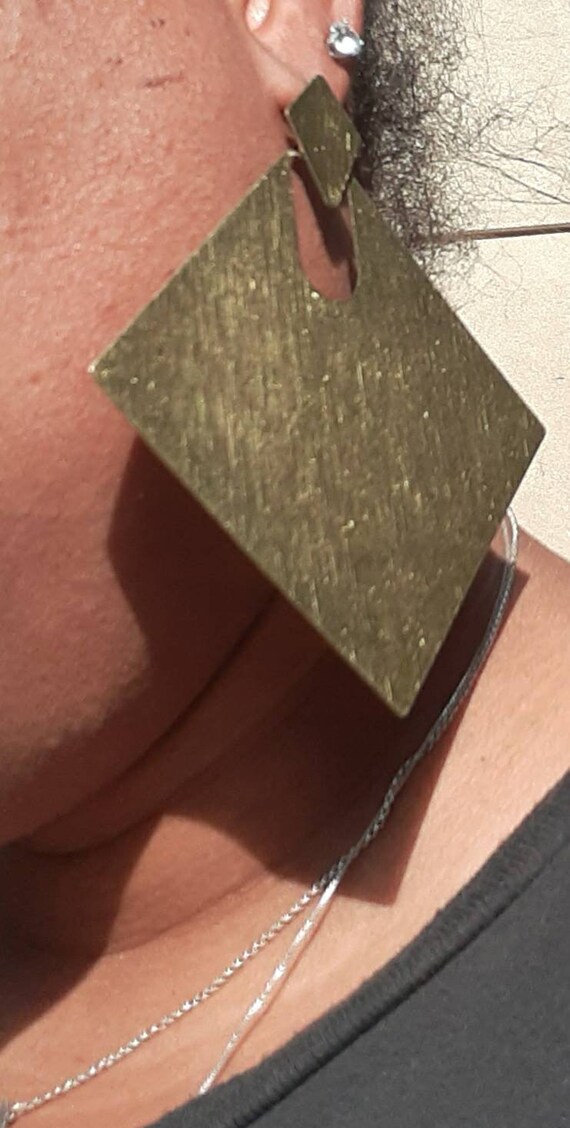 Extra Large Industrial Rustic Brass Abstract Earrings - Gem