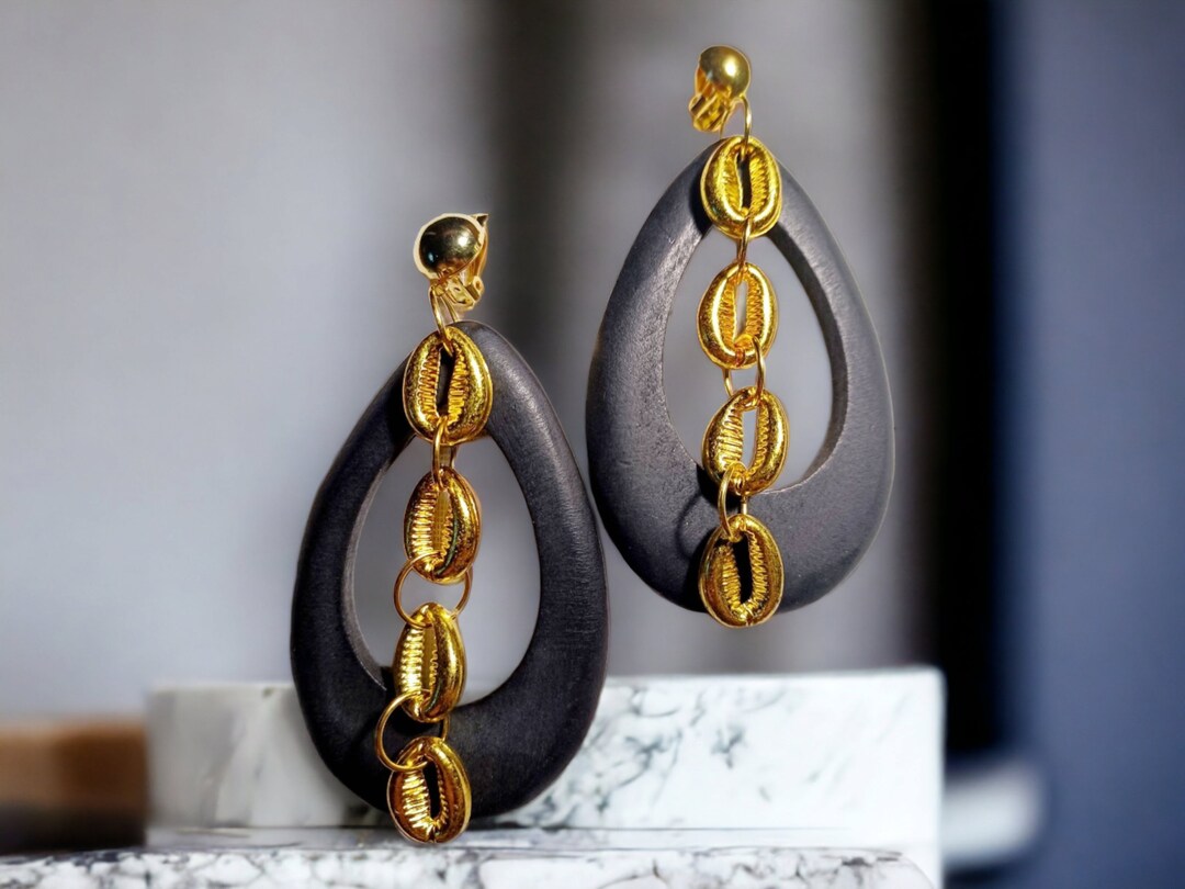 Handmade Clip on Wood and Cowrie Shell Earrings - Etsy