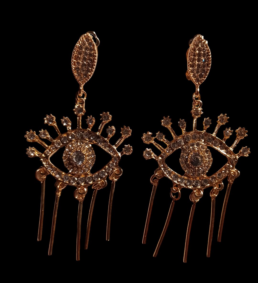 Handmade Rhinestone Eye Dangle Clip on Earrings Gold - Etsy