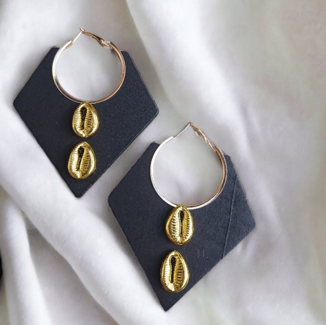 Large Wood and Metal and Cowrie Hoop Earrings Black - Etsy