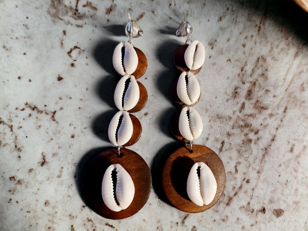 Handmade Wood and Cowrie Shell Clip on Earrings - Etsy