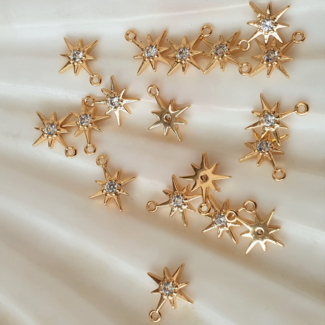 2x Tiny Gold Star Charms With Clear Cubic Zirconia Real Gold | Etsy