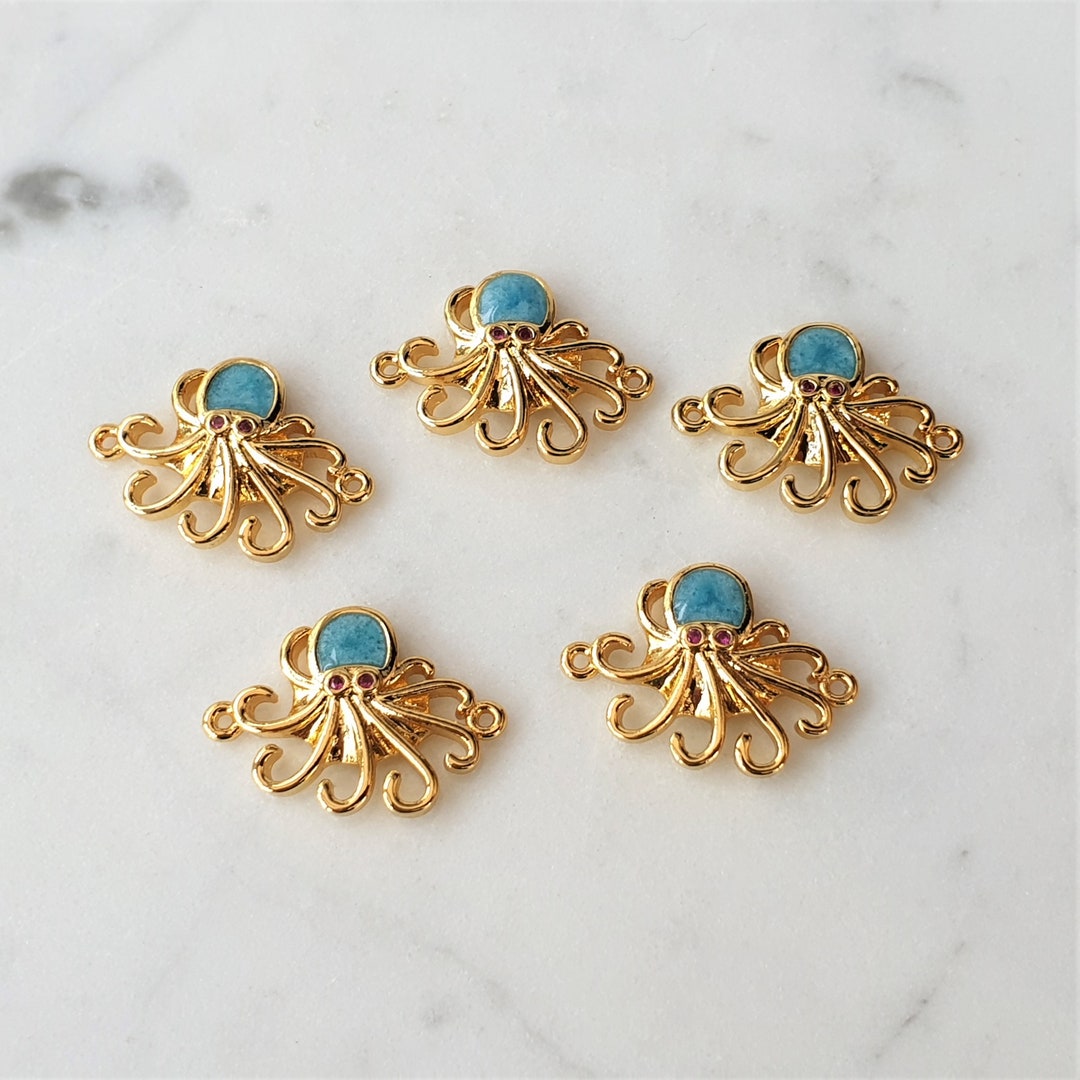 2x Gold Octopus Connectors Blue Enamel Cubic Zirconia - Etsy