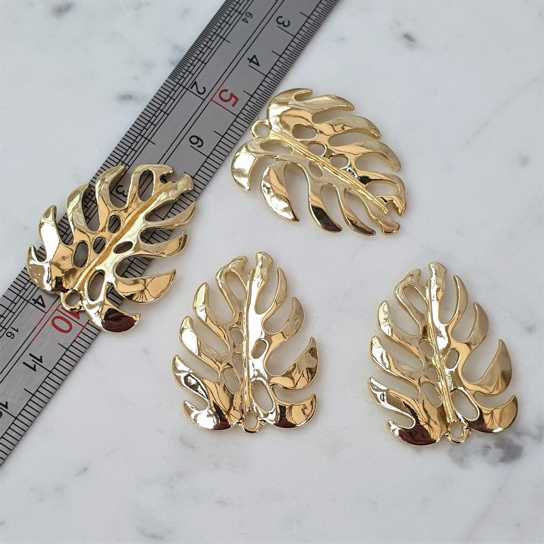 4 X Gold Monstera Leaf Charms, Large Monstera Pendants, Shiny Gold ...