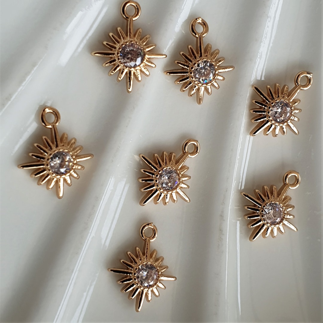 2x Gold Sun Charms With Clear Cubic Zirconia, CZ Sun Pendants, 18K Gold ...