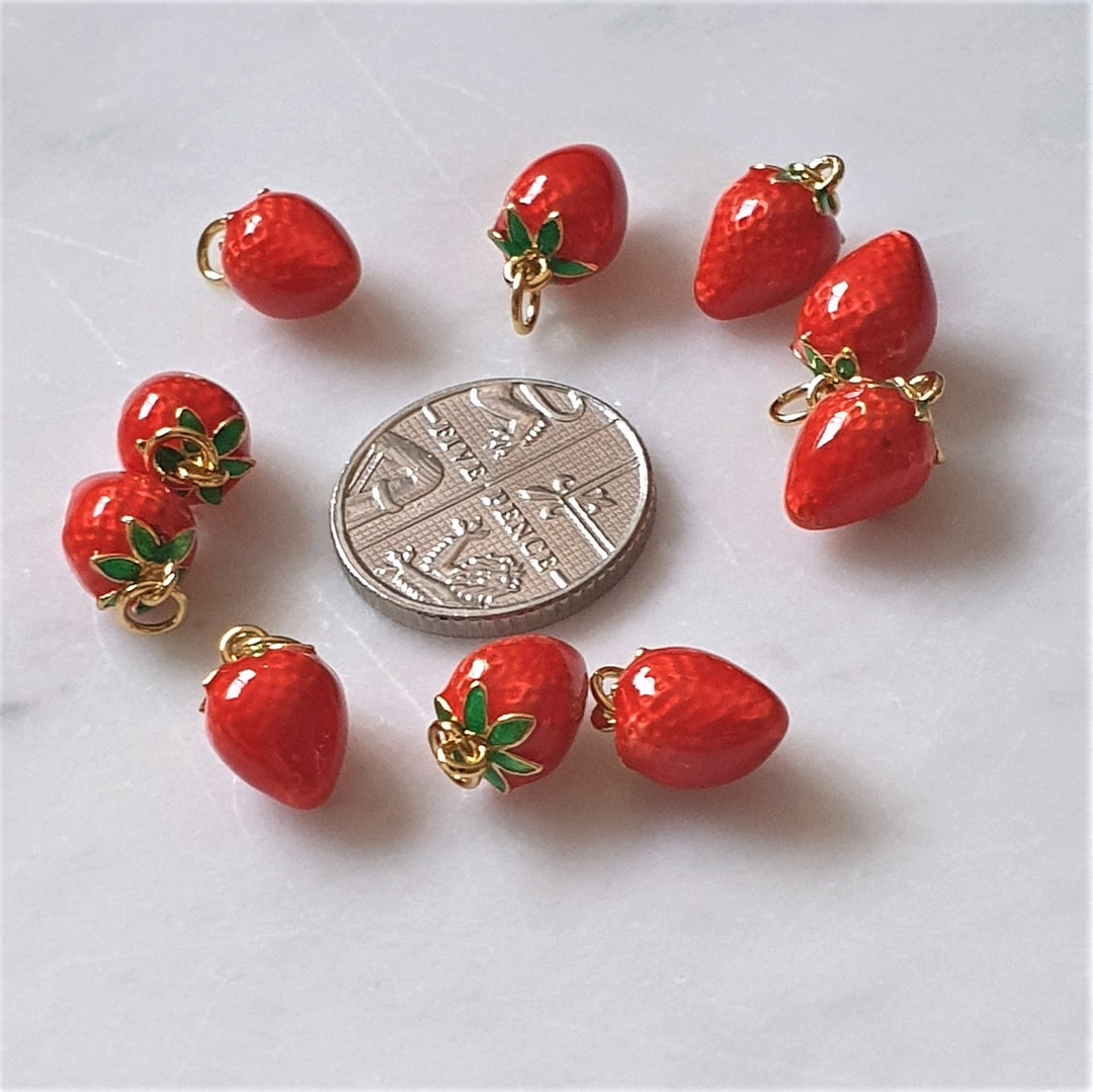 2x Enamelled Strawberry Charms, Red Fruit Charms With Jump Rings, 18K ...