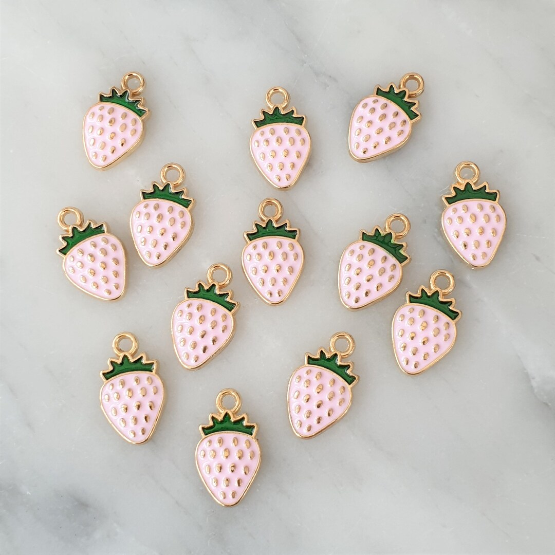 5x Enamelled Strawberry Charms, Red Fruit Charms, Gold Enamel Pendants ...