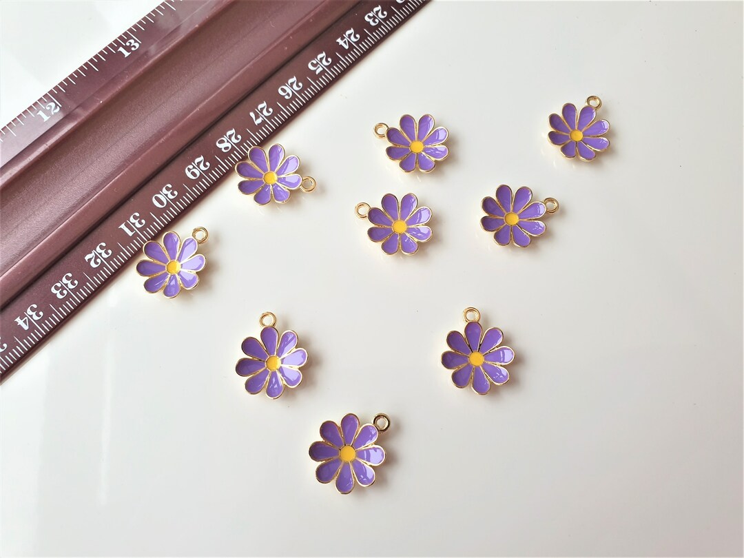 5 X Enamel Charms/pendants Purple Flower Gold Violet Charms Enamelled ...