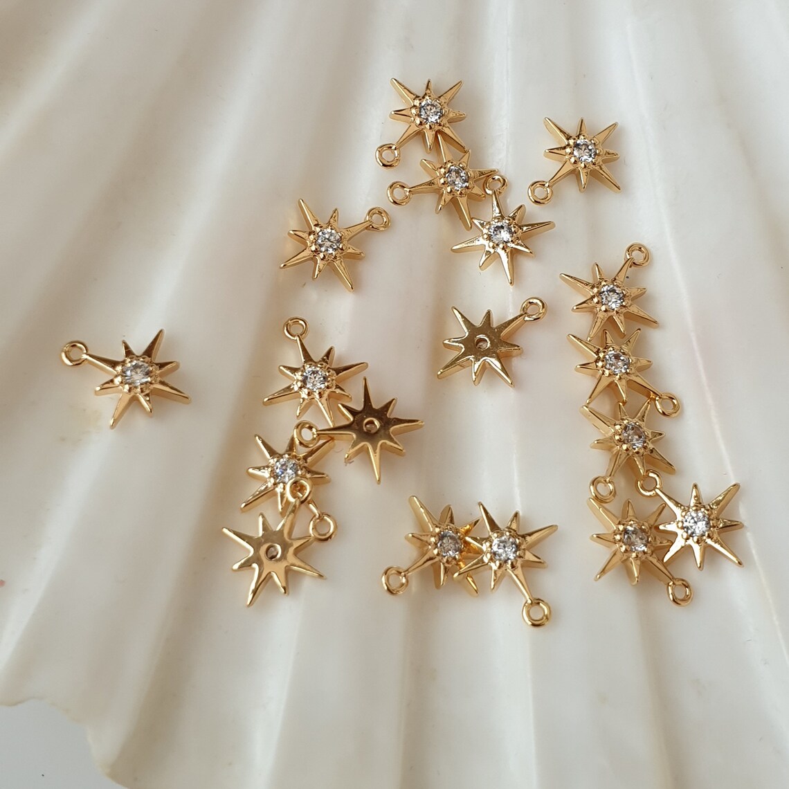 2x Tiny Gold Star Charms With Clear Cubic Zirconia Real Gold | Etsy