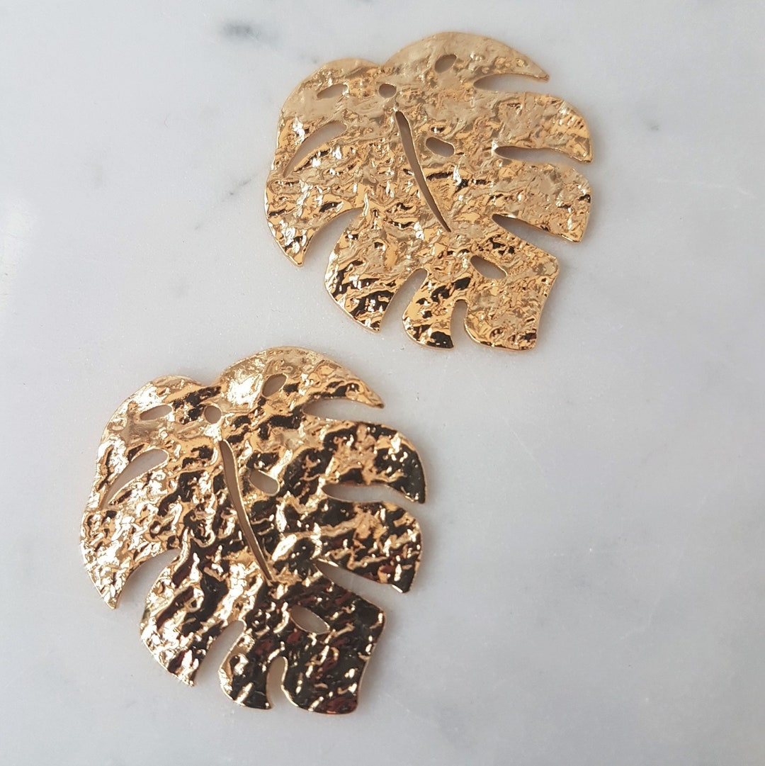 2x Gold Plated Monstera Pendants, 18K Gold Plated Brass Tropical Leaf ...