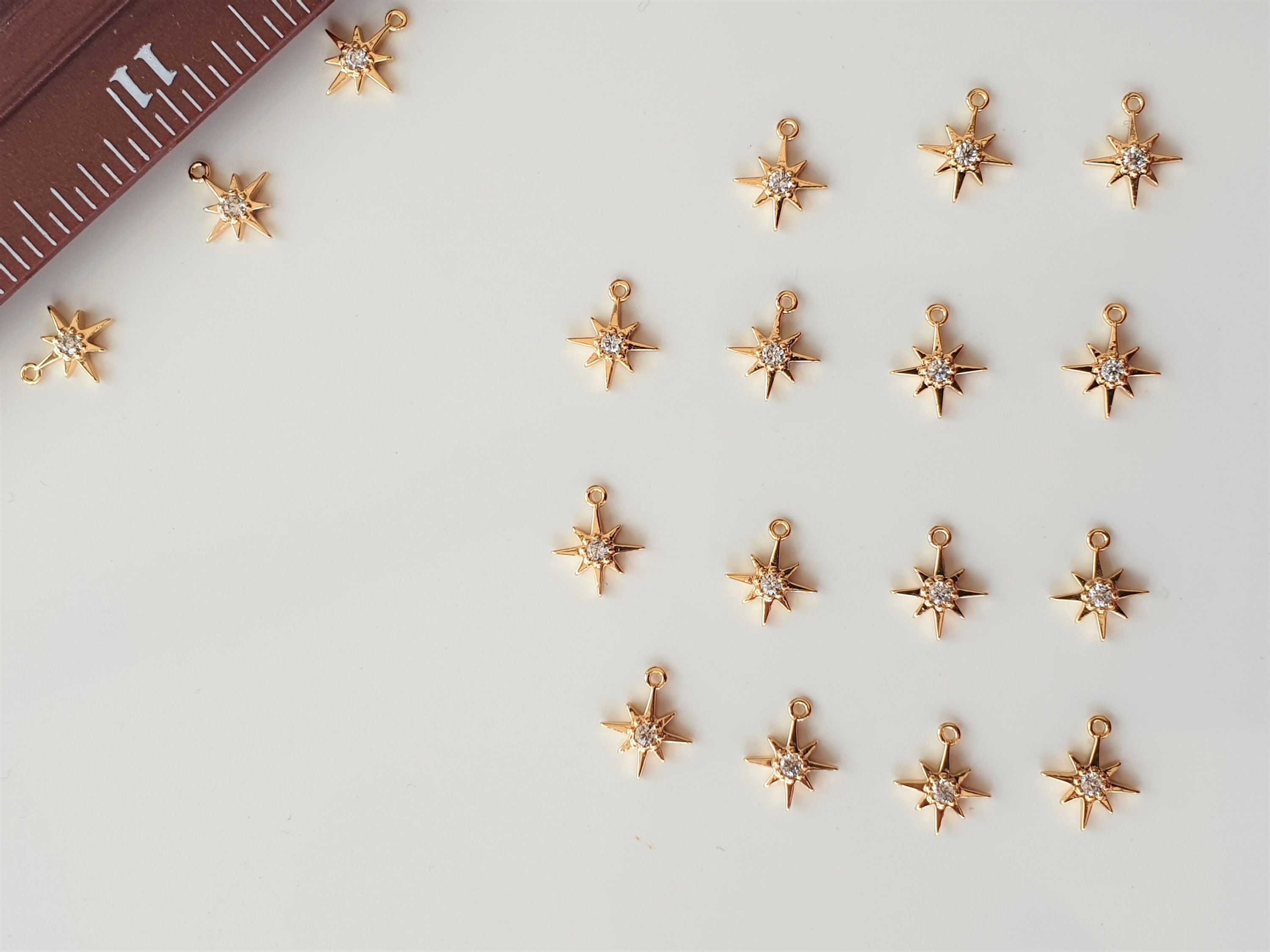 2x Tiny Gold Star Charms With Clear Cubic Zirconia Real Gold | Etsy