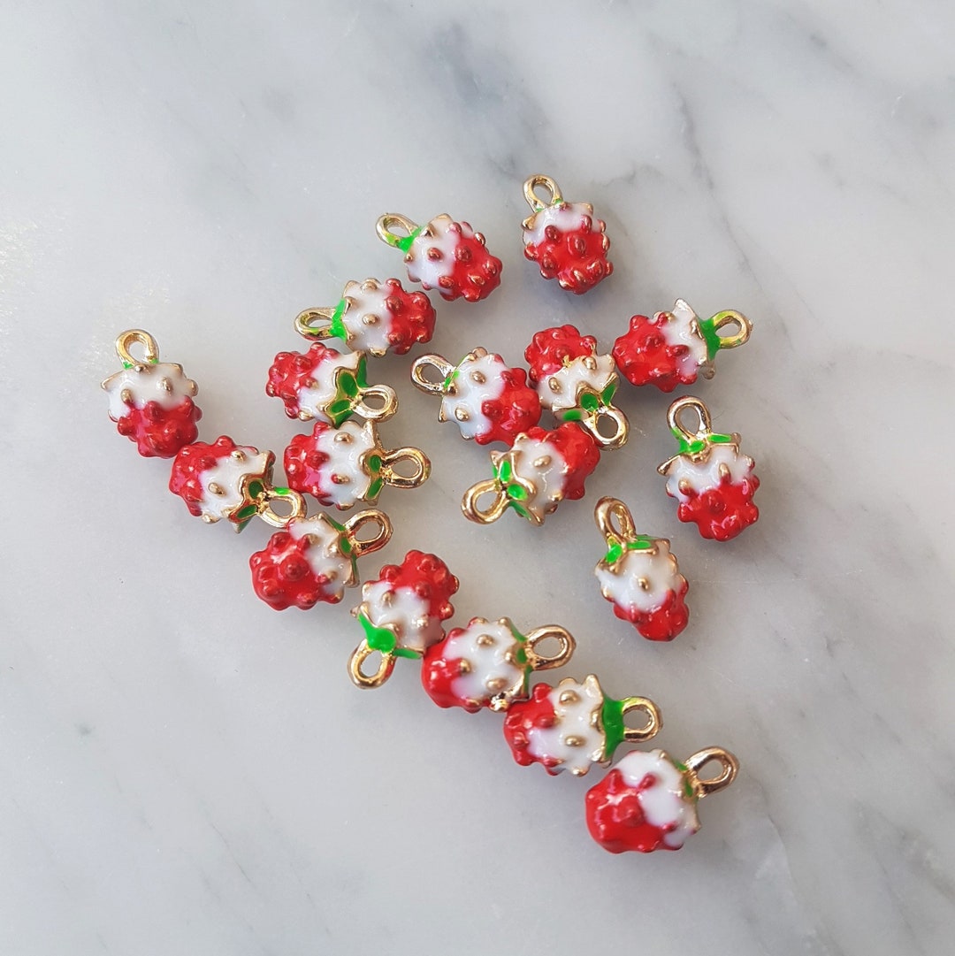 4x Enamelled Strawberry Charms, Red Fruit Charms, Gold Enamel Pendants ...