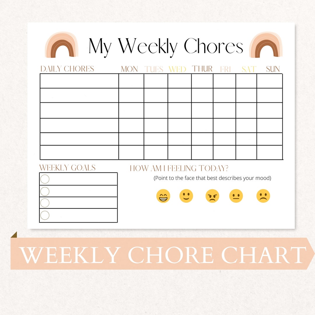 Weekly Child Chore Chart, Kids Responsibilty Chart, Daily Chores, Goal ...