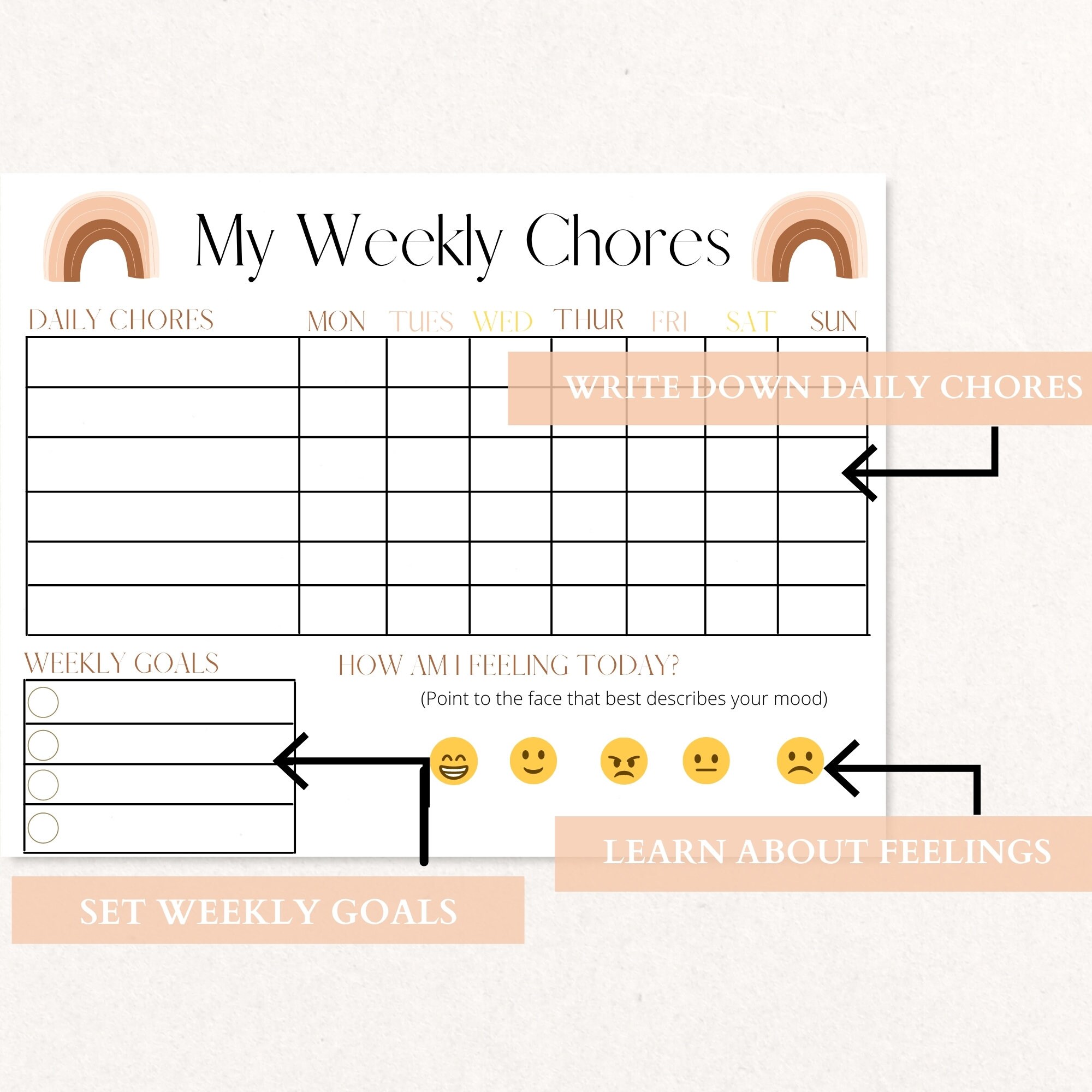 Weekly Child Chore Chart, Kids Responsibilty Chart, Daily Chores, Goal ...