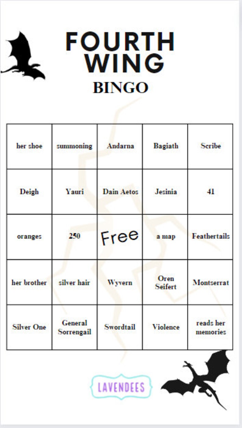 Book Club Bingo Fourth Wing by Rebecca Yarros Bingo Game Gift for Book ...